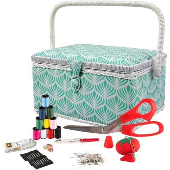Office | Sewing Basket With Sewing Kit Needles Thread Pins Scissors And ...